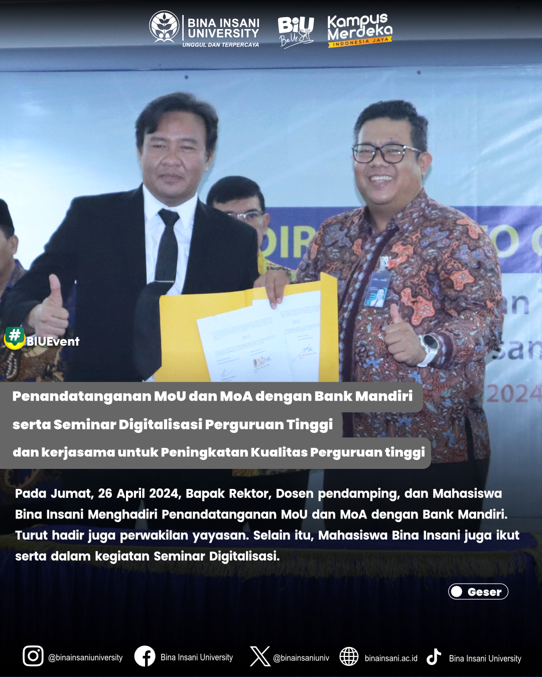 Penandatangan MoU dan Moa dengan Bank Mandiri – Universitas Bina Insani